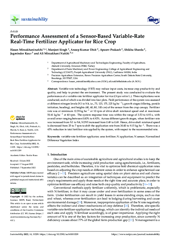 (PDF) Performance Assessment of a Sensor-Based Variable-Rate Real-Time Fertilizer Applicator for ...