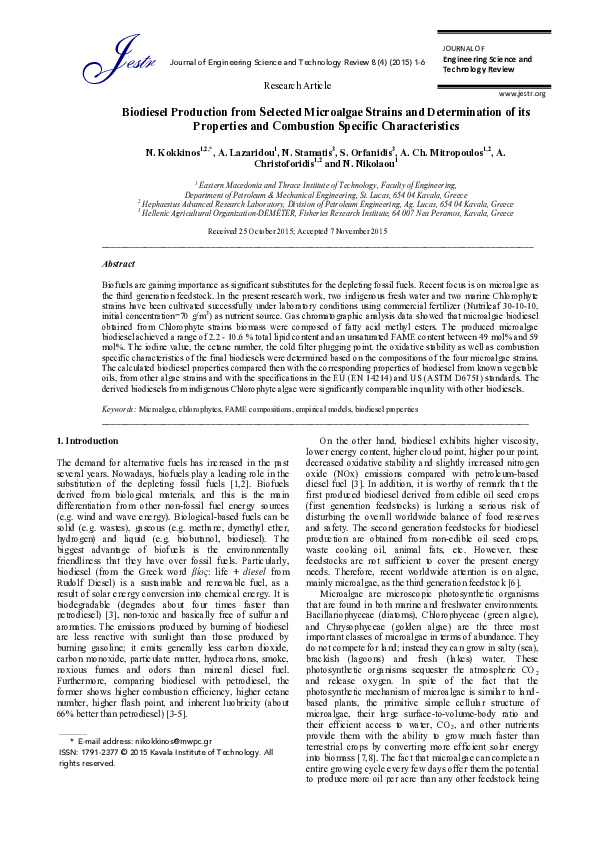 (PDF) Biodiesel Production from Selected Microalgae Strains and Determina tion of its Properties ...