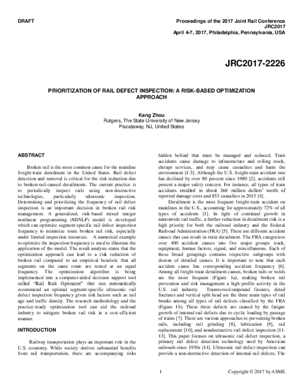 Pdf Prioritization Of Rail Defect Inspection A Risk Based