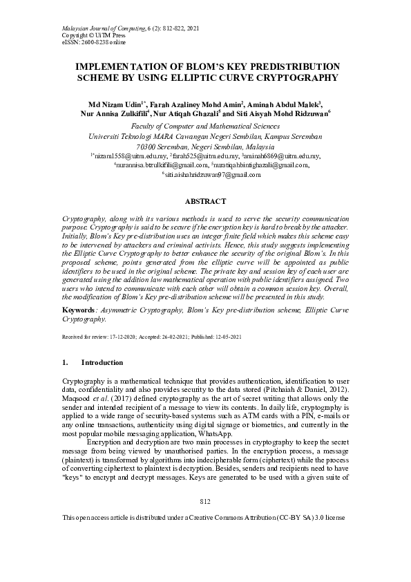 (PDF) Implementation of Blom’s Key Predistribution Scheme by Using Elliptic Curve Cryptography