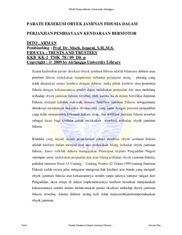 (PDF) Parate Eksekusi Obyek Jaminan Fidusia Dalam Perjanjian Pembiayaan Kendaraan Bermotor