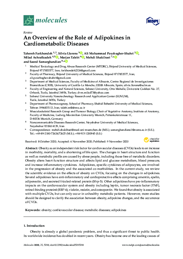 (PDF) An Overview of the Role of Adipokines in Cardiometabolic Diseases | Milad Ashrafizadeh and ...