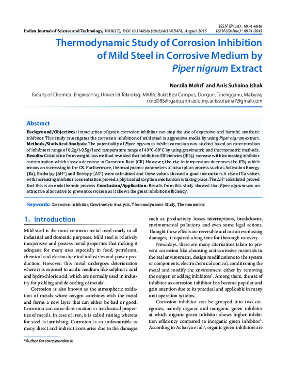 (PDF) Thermodynamic Study of Corrosion Inhibition of Mild Steel in ...