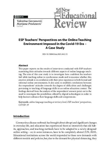 (PDF) ESP Teachers’ Perspectives on the Online Teaching Environment Imposed in the Covid-19 Era ...