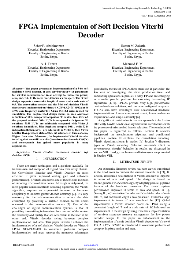 Pdf Fpga Implementaion Of Soft Decision Viterbi Decoder Hatem Zakaria