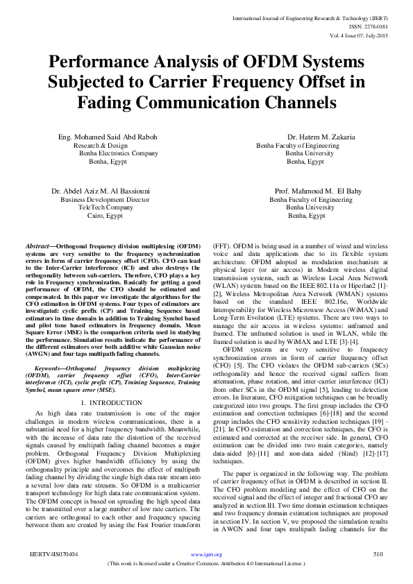 Pdf Performance Analysis Of Ofdm Systems Subjected To Carrier Frequency Offset In Fading