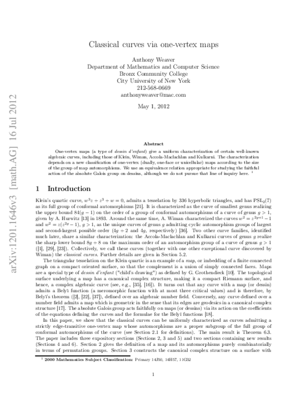 (PDF) Classical curves via one-vertex maps