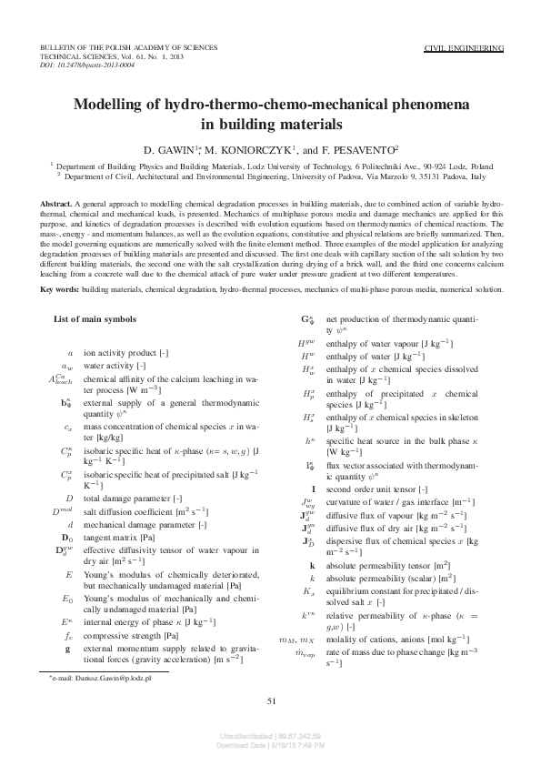 (PDF) Modelling of hydro-thermo-chemo-mechanical phenomena in building materials