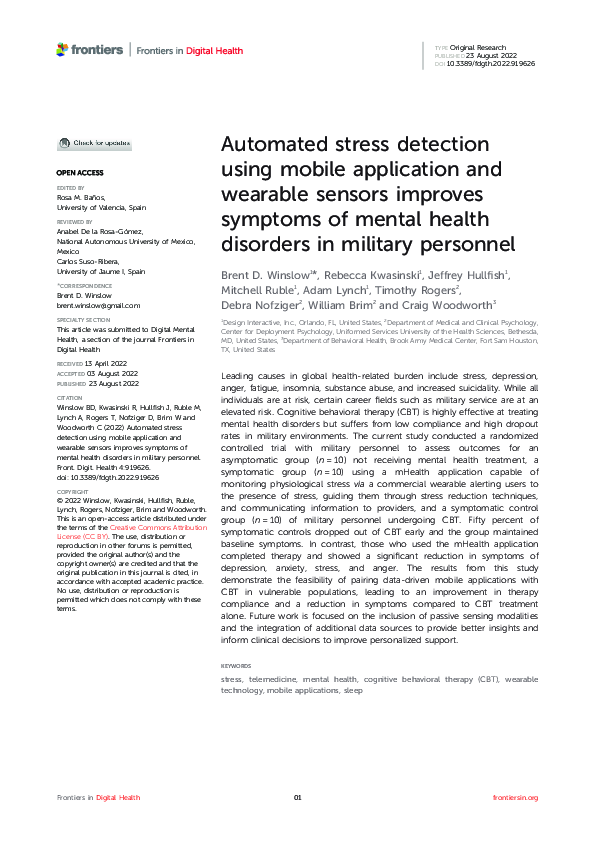 Pdf Automated Stress Detection Using Mobile Application And Wearable Sensors Improves Symptoms