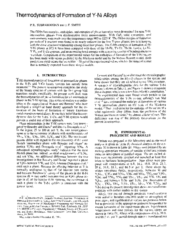 (PDF) Thermodynamics of formation of Y-Ni alloys | P.r. Subramanian ...