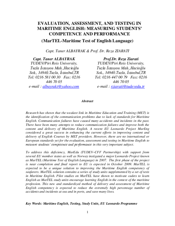 (PDF) 1 EVALUATION, ASSESSMENT, AND TESTING IN MARITIME ENGLISH ...