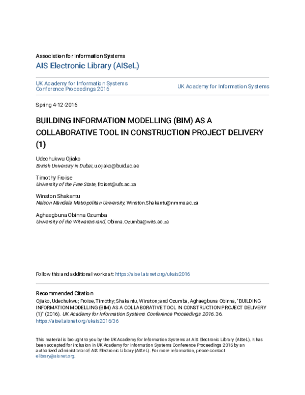 (PDF) Building Information Modelling (Bim) as a Collaborative Tool in Construction Project ...