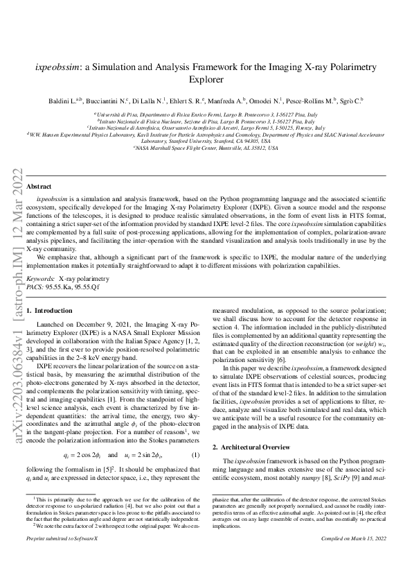 (PDF) ixpeobssim: A simulation and analysis framework for the imaging X-ray polarimetry explorer