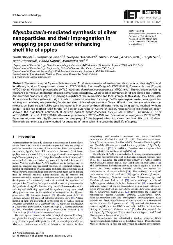 (PDF) Myxobacteria ‐mediated synthesis of silver nanoparticles and ...
