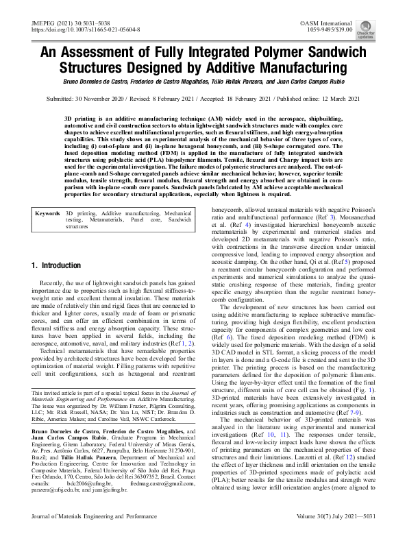 Pdf An Assessment Of Fully Integrated Polymer Sandwich Structures Designed By Additive