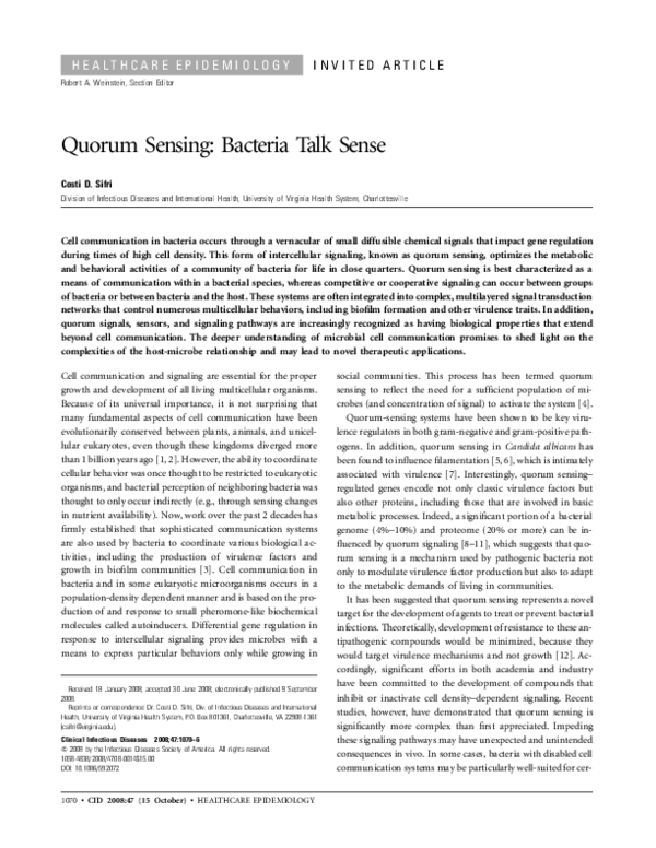(PDF) Healthcare Epidemiology: Quorum Sensing: Bacteria Talk Sense
