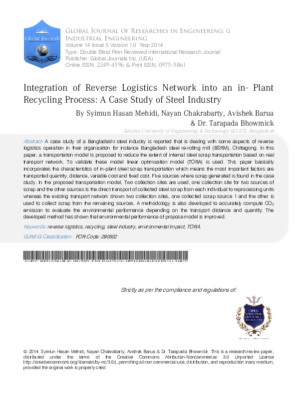 (PDF) Integration of Reverse Logistics Network into an in-Plant ...