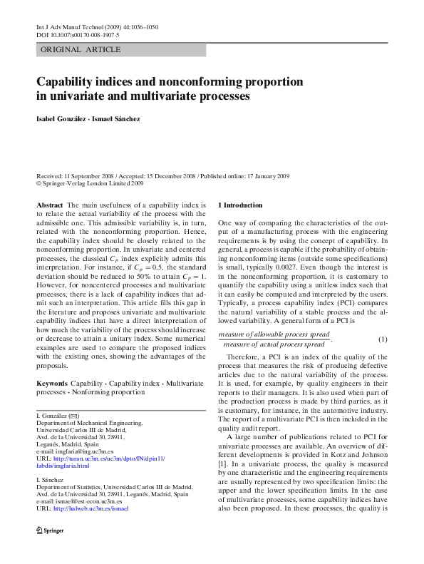 (PDF) Capability indices and nonconforming proportion in univariate and multivariate processes