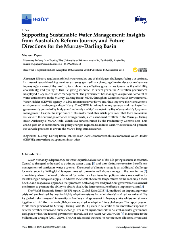 (PDF) Supporting Sustainable Water Management: Insights from Australia ...