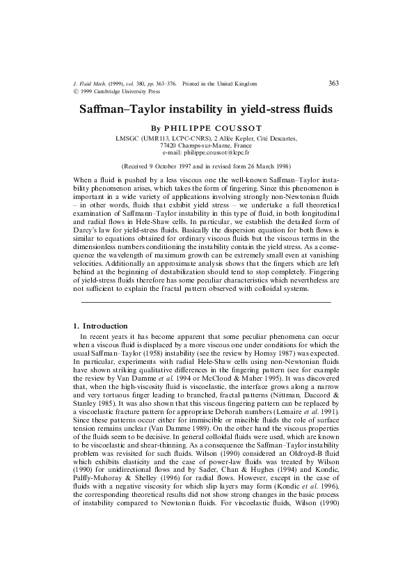 (PDF) Saffman–Taylor instability in yield-stress fluids | Philippe Coussot - Academia.edu