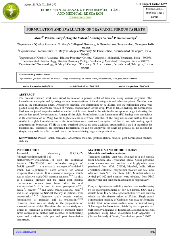 Pdf Formulation And Evaluation Of Tramadol Porous Tablets