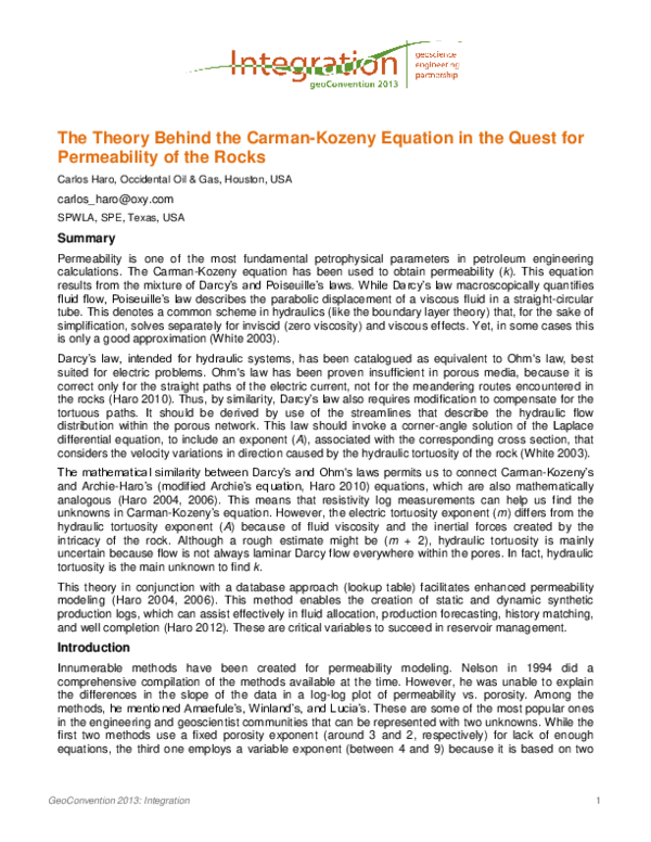 (PDF) The Theory Behind the Carman-Kozeny Equation in the Quest for ...