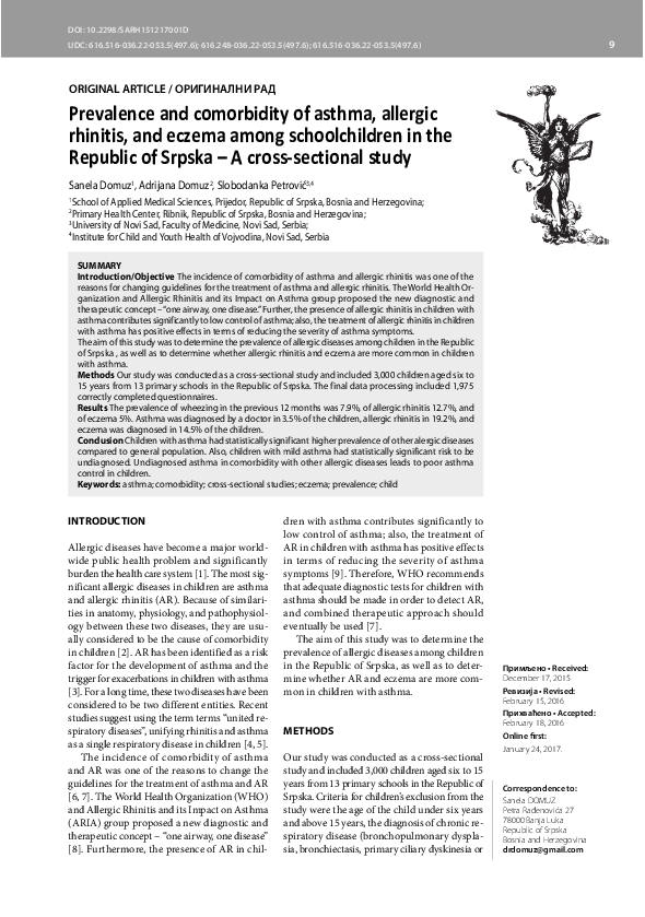Pdf Prevalence And Comorbidity Of Asthma Allergic Rhinitis And