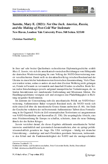 (PDF) Sarotte, Mary E. (2021): Not One Inch. America, Russia, and the ...