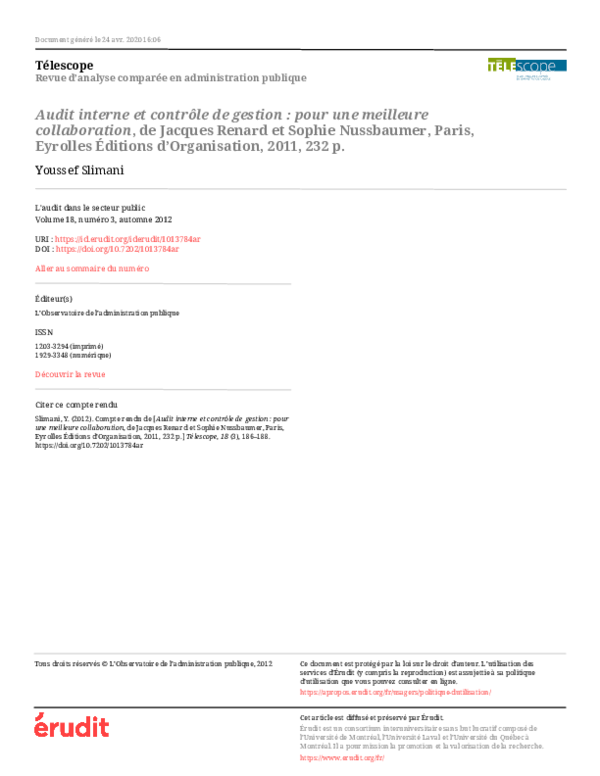 (PDF) Audit interne et contrôle de gestion : pour une meilleure collaboration, de Jacques Renard ...