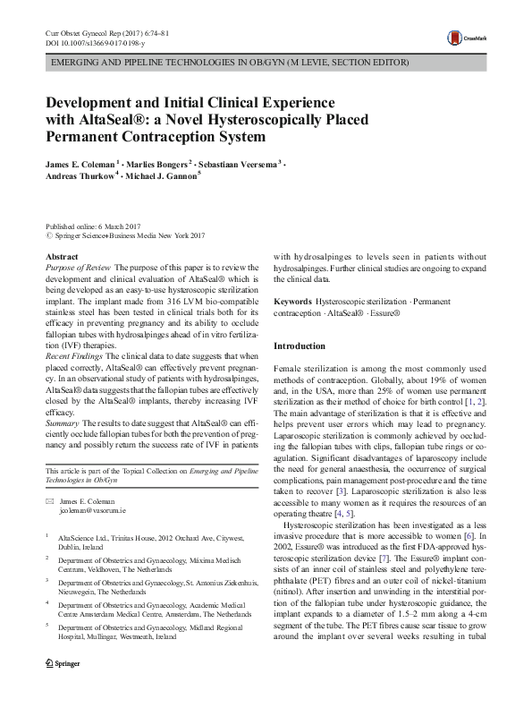 (PDF) Development and Initial Clinical Experience with AltaSeal®: a Novel Hysteroscopically ...