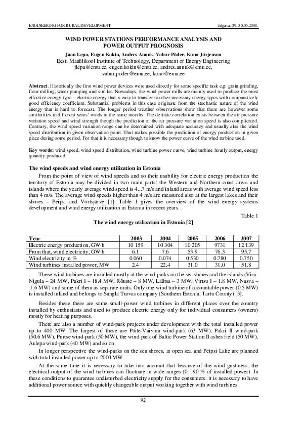 (PDF) Wind power stations performance analysis and power output prognosis