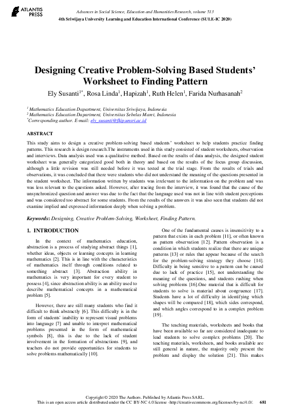 (PDF) Designing Creative Problem-Solving Based Students’ Worksheet to Finding Pattern