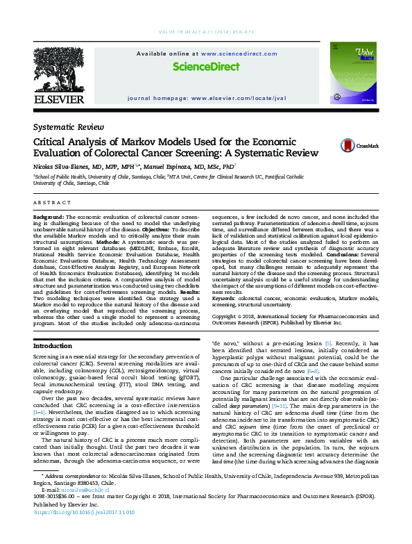 (PDF) Critical Analysis of Markov Models Used for the Economic Evaluation of Colorectal Cancer ...