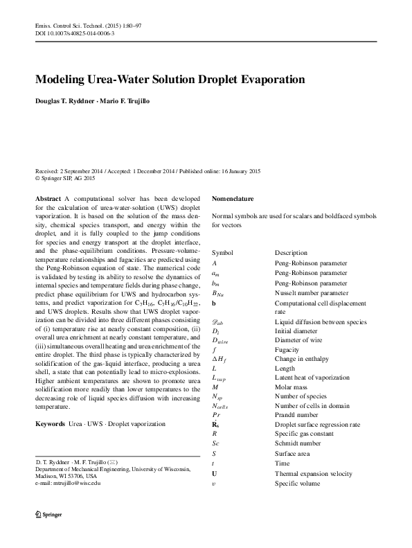 (PDF) Modeling Urea-Water Solution Droplet Evaporation | Mario Trujillo ...