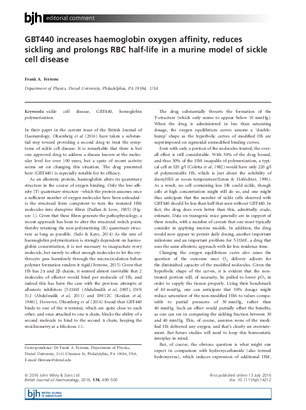 (PDF) GBT440 increases haemoglobin oxygen affinity, reduces sickling ...