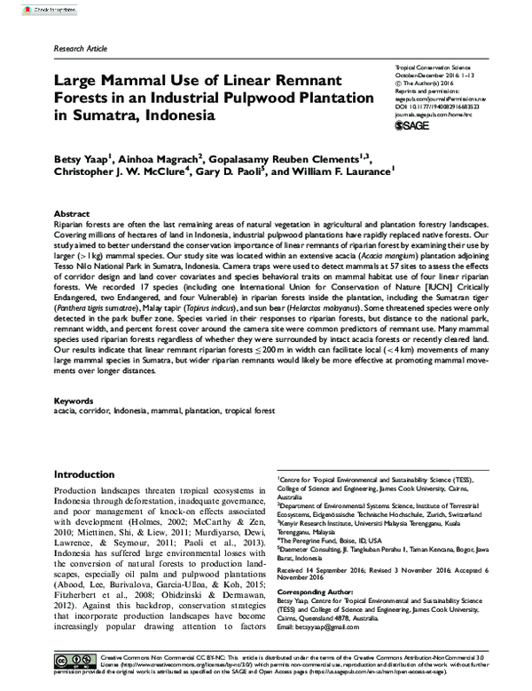 (PDF) Large Mammal Use of Linear Remnant Forests in an Industrial Pulpwood Plantation in Sumatra ...