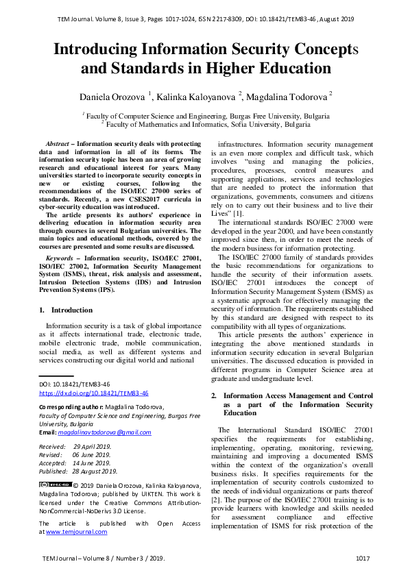 (PDF) Introducing Information Security Concepts and Standards in Higher Education