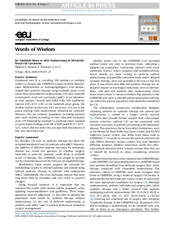 (PDF) Re: Sunitinib Alone or after Nephrectomy in Metastatic Renal-cell ...