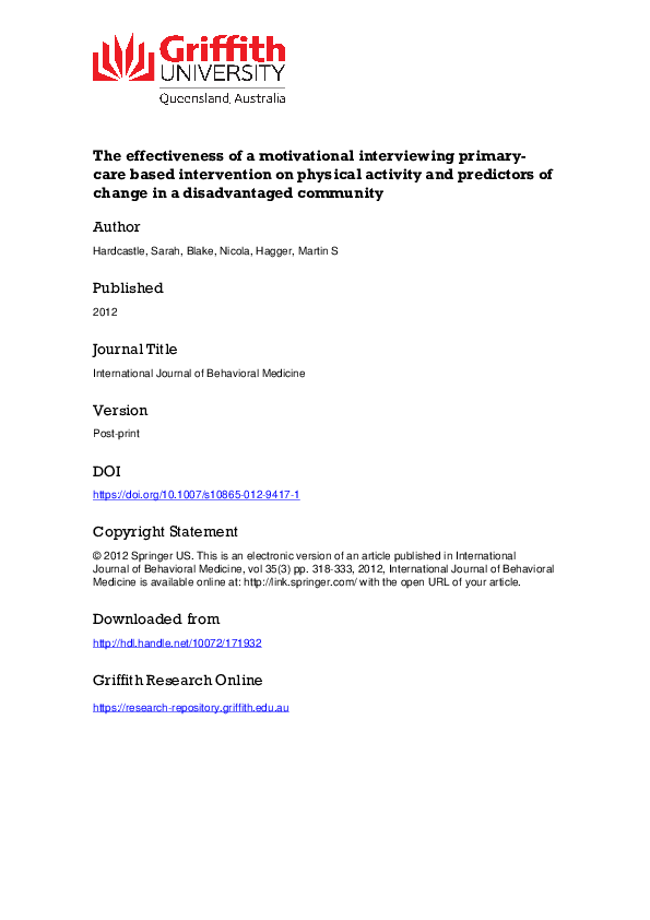 (PDF) The effectiveness of a motivational interviewing primary-care based intervention on ...