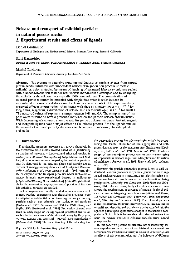(PDF) Release and transport of colloidal particles in natural porous ...
