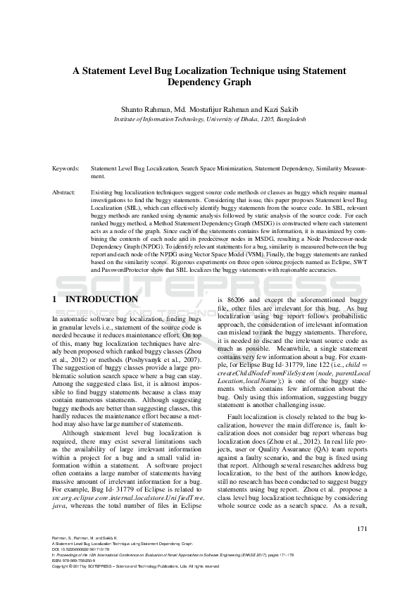 Pdf A Statement Level Bug Localization Technique Using Statement Dependency Graph