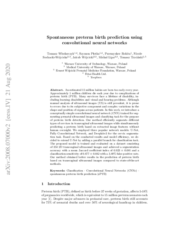 Pdf Spontaneous Preterm Birth Prediction Using Convolutional Neural Networks Szymon Płotka