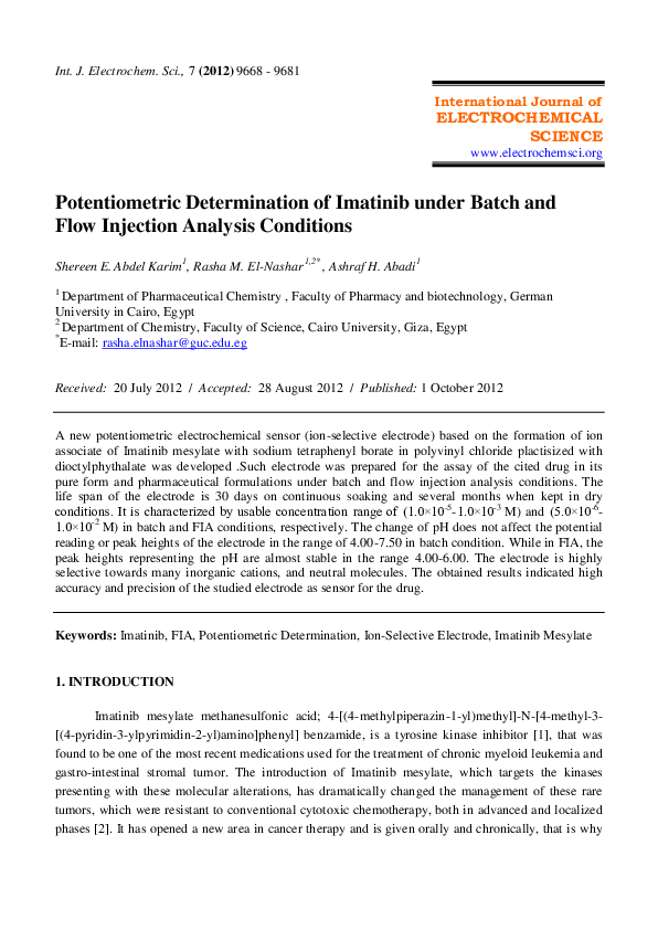 (PDF) Potentiometric Determination of Imatinib under Batch and Flow ...