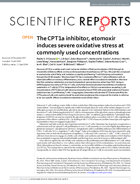 (PDF) The CPT1a inhibitor, etomoxir induces severe oxidative stress at ...
