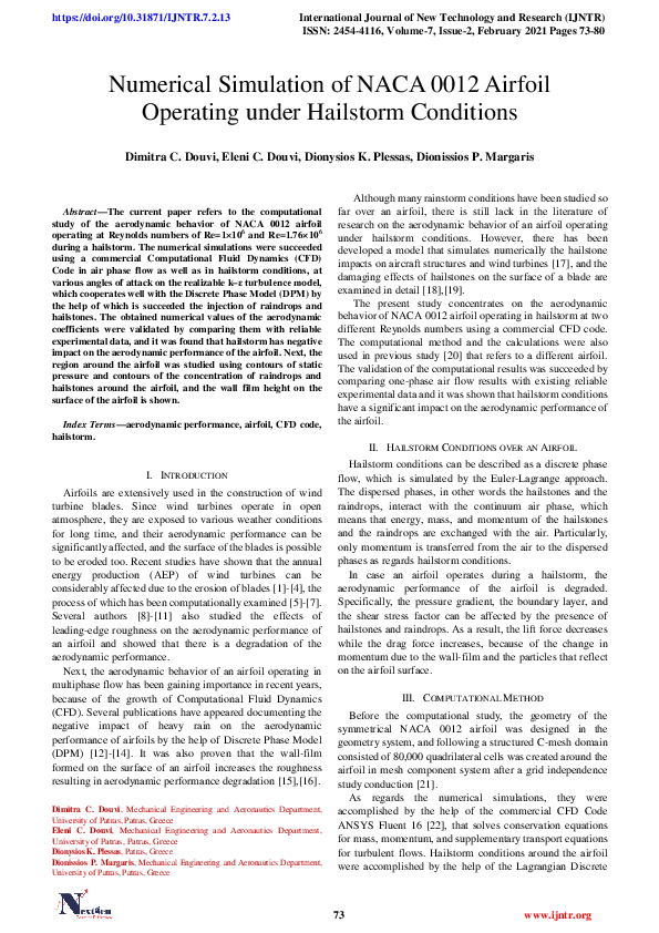 (PDF) Numerical Simulation of NACA 0012 Airfoil Operating under Hailstorm Conditions