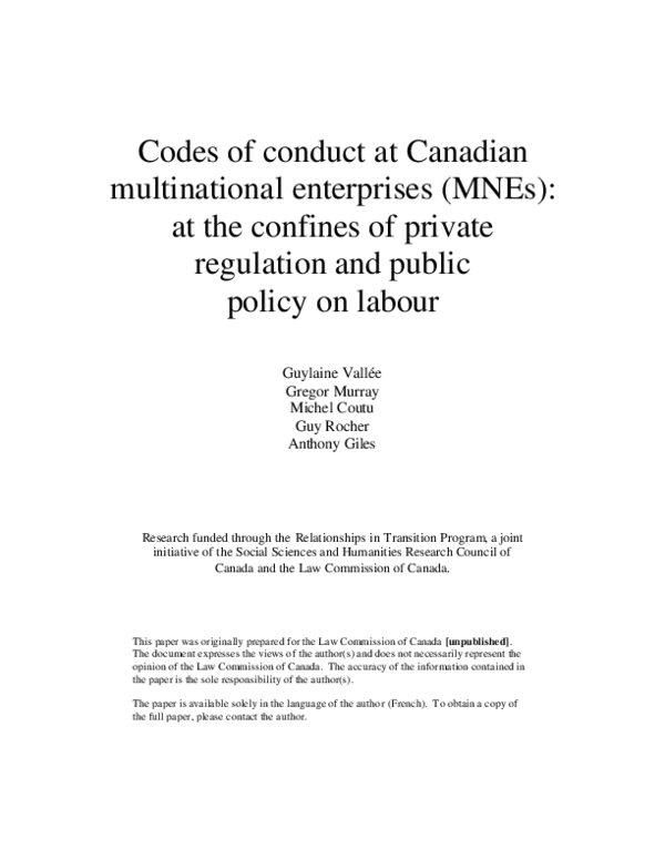 (PDF) Codes of conduct at Canadian multinational enterprises (MNEs): at ...