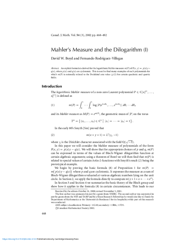 (PDF) Mahler’s Measure and the Dilogarithm (I)