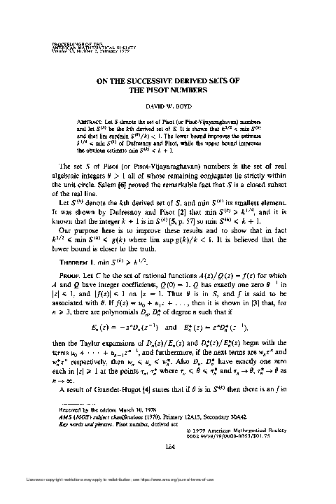 (PDF) On the successive derived sets of the Pisot numbers