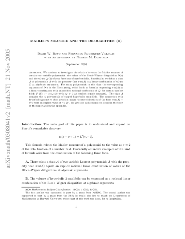 (PDF) Mahler's Measure and the Dilogarithm (II)