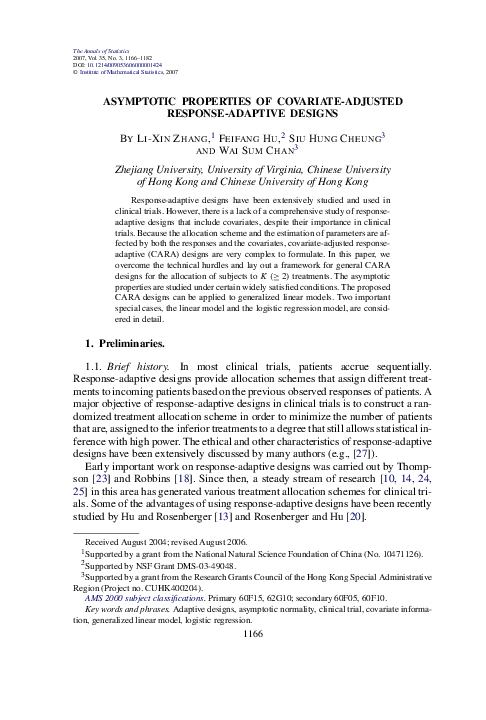 Pdf Asymptotic Properties Of Covariate Adjusted Response Adaptive Designs